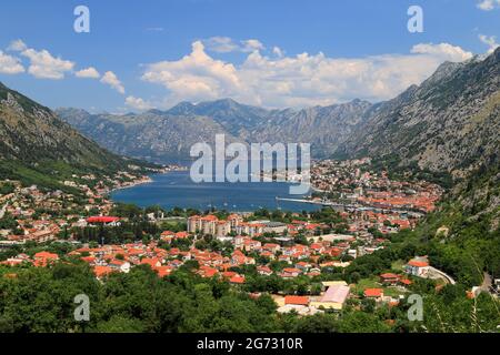 Full top view of beautiful Kotor Bay and old city Kotor surrounded by ...