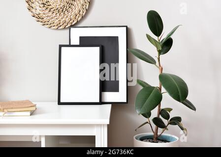 Table with houseplant and frames near light wall Stock Photo - Alamy