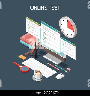 Online test isometric background with forms of questioning on computer ...