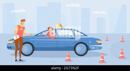 Training at driving school flat background with student in car and ...