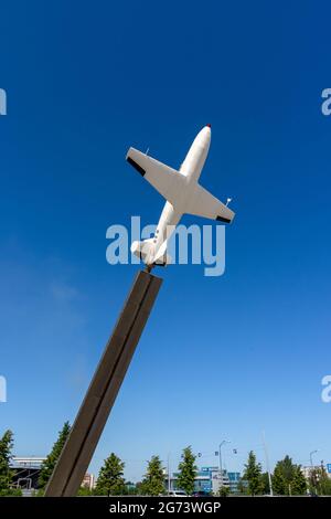 Monument of life size Bi-1, first Soviet jet fighter, installed in 1973 ...