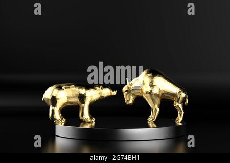 3d rendering of polygonal bull and bear shape writing by lines and dots ...