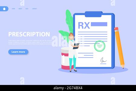 RX prescription flat vector illustration. Cartoon tiny pharmacists ...