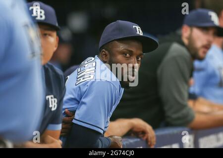 Tampa Bay Rays left fielder Chandler Simpson can't get to the double ...