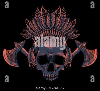 Human skull. Dead Native American Indian with feathers in vintage style ...