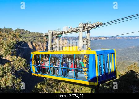 View of Scenic Skyway cable-car with 'The Three Sisters' behind, The ...