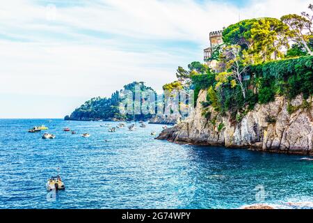 Beach next to Portofino in Italy. Beautiful bay of Paraggi. Swimming ...