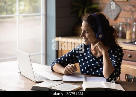 happy woman student e learning distance training course study working ...