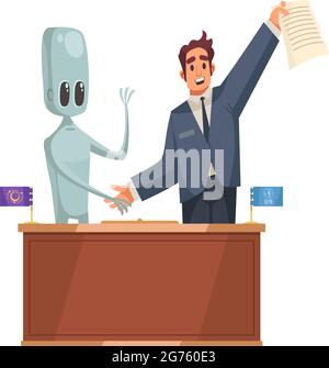 Alien and human shaking hands after signing partnership agreement ...