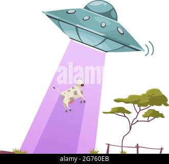 UFO abducting a cow cartoon vector icon. Flying saucer with cow in ...