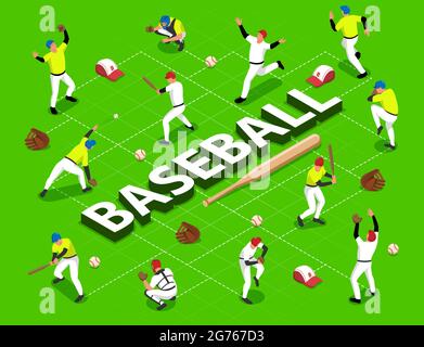 Baseball game isometric flowchart with players and fans with attributes ...