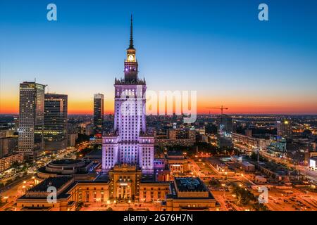Warsaw city center at dusk, beautiful sunset over the city Stock Photo ...