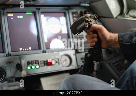 Airplane control stick. The cockpit of a jet aircraft Stock Photo - Alamy