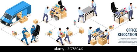 Isometric office move flowchart composition of text and worker ...