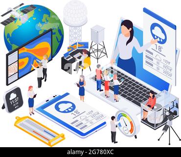 Meteorology weather forecast isometric composition with view of worker ...