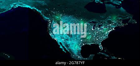 American continent electric lights map at night. City lights. Map of ...