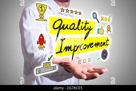 Quality concept levitating above a human hand Stock Photo - Alamy