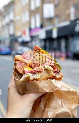 Famous salt beef bagel with mustard and pickle at Beigel Bake, Brick ...