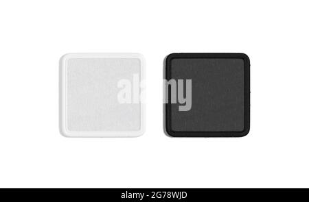 Blank black and white square embroidered patch mockup, side view, 3d ...