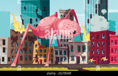 People running from huge monster attacking city and catching woman with ...