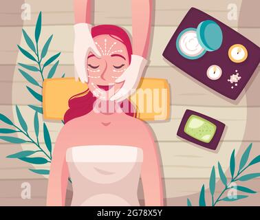 Skin care cartoon composition with young woman applying nourishing ...