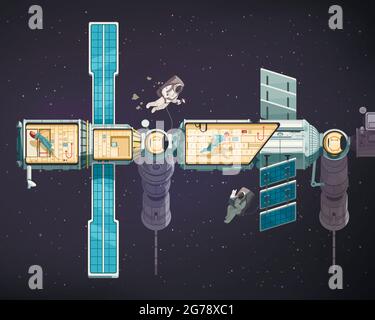 Astronauts in open space and international orbital station inside and ...