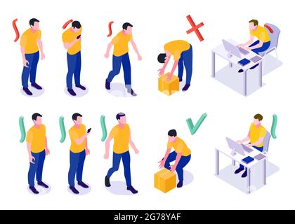 Bad postures - man sitting, standing and lying in bad postures with ...