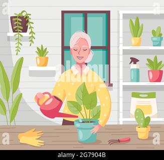 Hobby pastime activities cartoon composition with woman watering ...