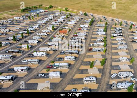 Aerial view of travel RV clubhouse with camping RV trailer on resort ...