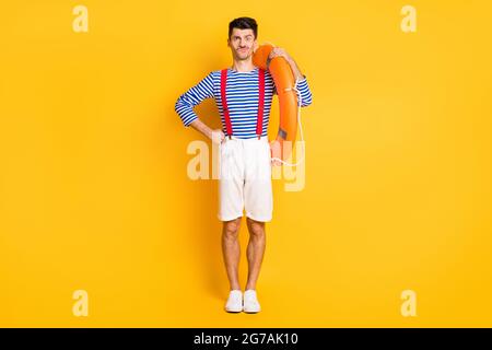 Full size photo of funny millennial brunet guy drive car look promo ...