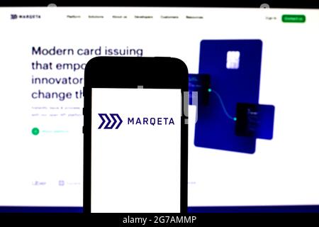 In this photo illustration the Marqeta logo seen displayed on a ...