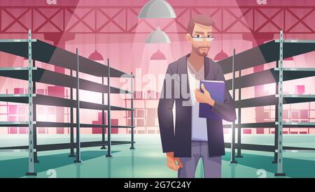 Warehouse interior with empty metal racks. Vector cartoon illustration ...