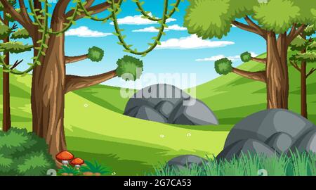 Forest at daytime scene with various forest plant and tree illustration ...