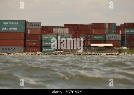 Jakarta, Indonesia. View of a shipping container terminal, a part of ...