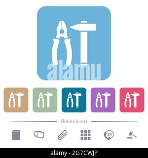 Hammer and combined pliers white flat icons on color rounded square ...