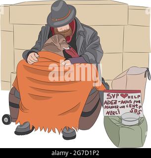 Homeless man sleeping on street bench. Unemployed poor people cartoon ...
