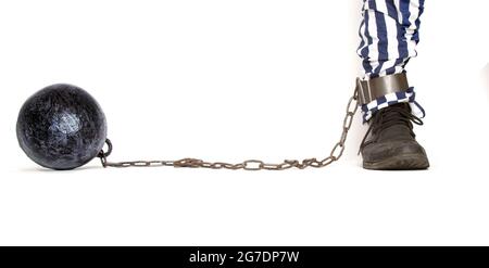 a leg of a prisoner in striped pants and a rough boot chained with an ...