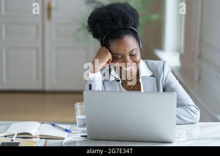 African american call operator in headset. Call center business or ...
