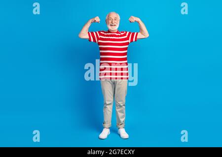 Full body photo of funny optimistic brown hair lady dance wear blue top ...