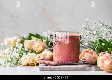 Rhubarb Curd in a jar with flowers Stock Photo - Alamy