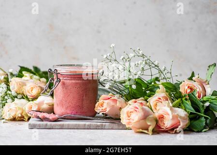 Rhubarb Curd in a jar with flowers Stock Photo - Alamy