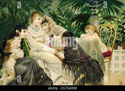Fortune teller; Hand-reading gypsy. On a terrace a young woman leaves ...