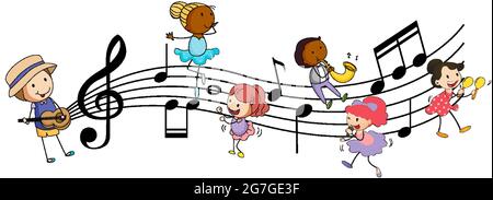 Musical melody symbols with many doodle kids cartoon character ...