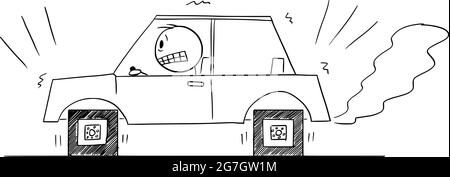 Driver or man trying to drive car without wheels, vector cartoon stick ...