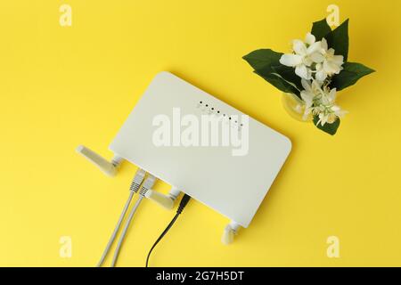 Wi-Fi router and flowers on yellow background Stock Photo - Alamy