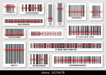Set of product barcodes with red scanning line. Identification tracking code. Serial number ...