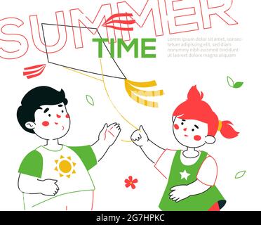 Flat cartoon kid characters having fun,happy childhood vector ...