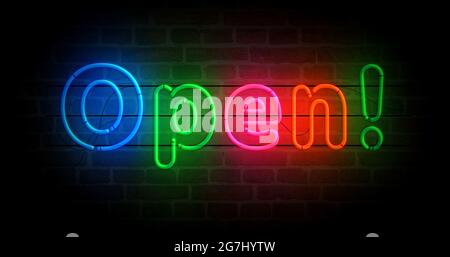 Open neon symbol. Light color bulbs. Abstract concept 3d illustration ...