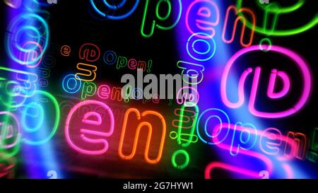 Open neon symbol. Light color bulbs. Abstract concept 3d illustration ...