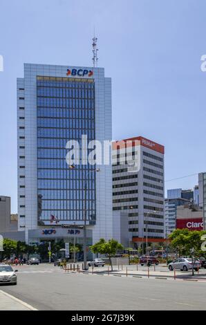 LIMA, PERU - Mar 03, 2021: Business office building, financial center ...